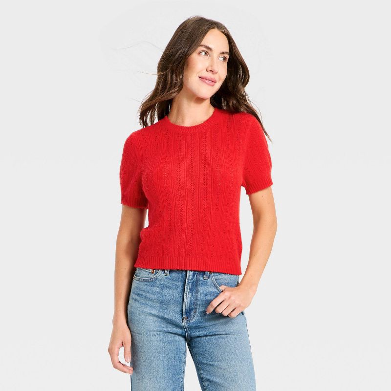 Women's Short Sleeve Pointelle Crewneck Pullover Sweater - Universal ...