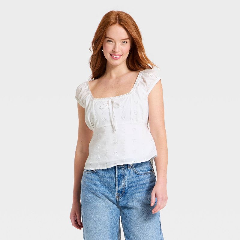 Women's Cap Sleeve Valentine's Day Pointelle Heart U-Neck Peasant Top ...
