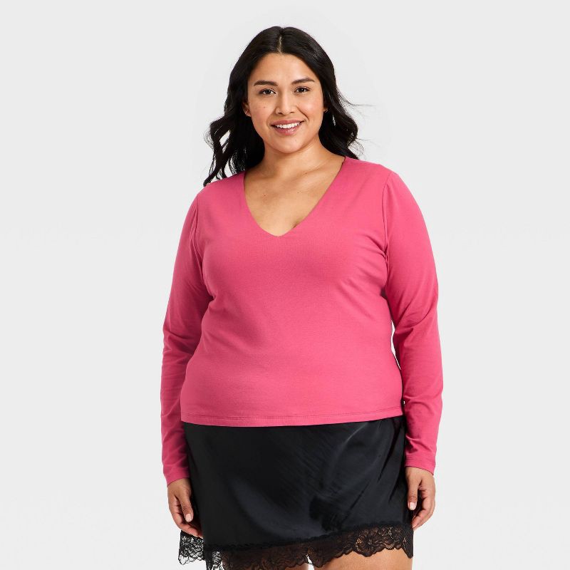 Women's Sculpt Long Sleeve V-Neck Top - A New Day™ Pink XXL 1 ct | shipt