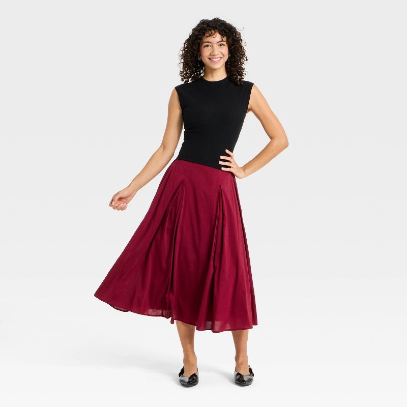 Women's Pull-On Pleated Voile Full Midi Skirt - A New Day™ BurgundyM 1 ...