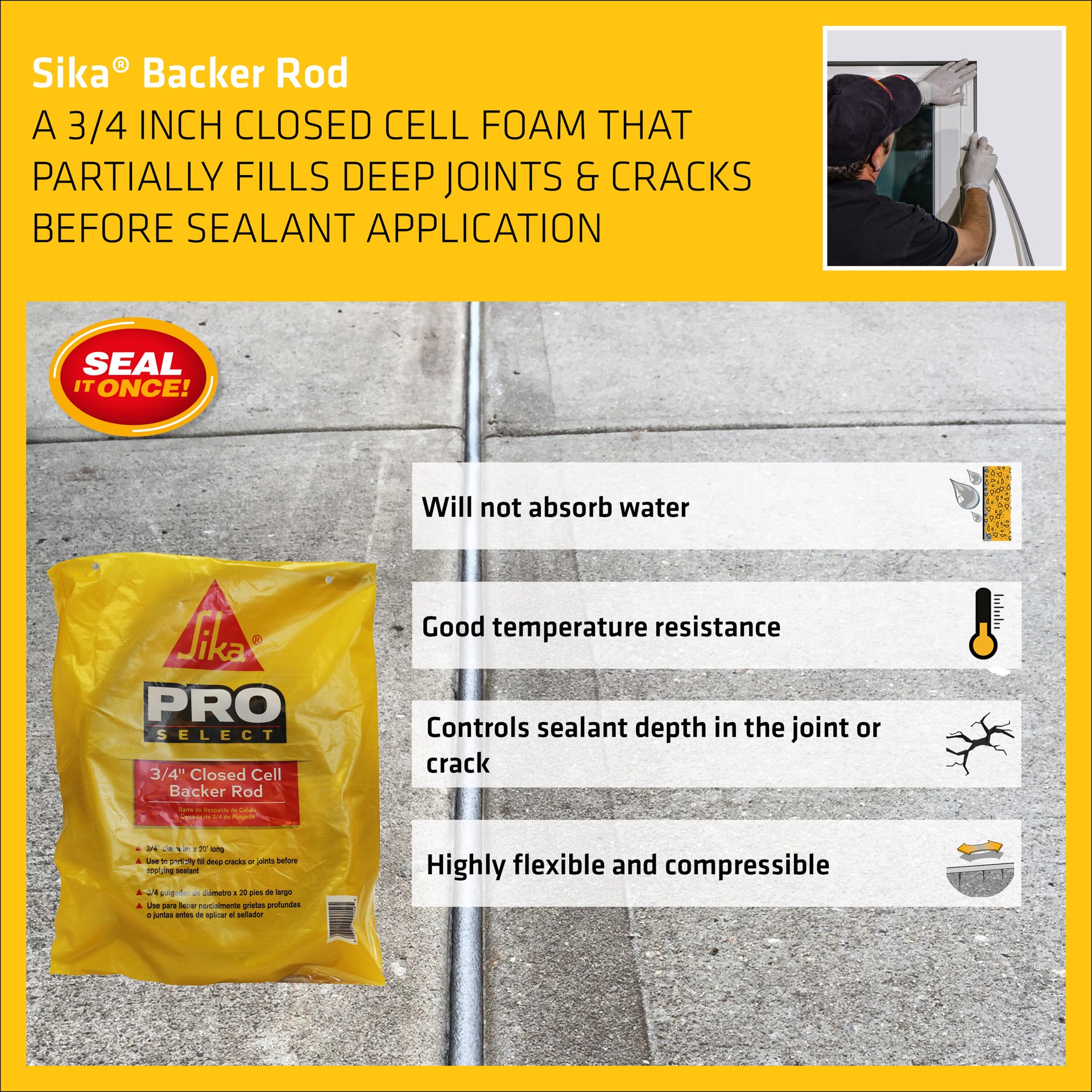 Sika 0.75-in x 0.75-in x 20-ft Closed Cell Compressible Backer Rod ...