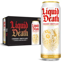 Liquid Death Sparkling Water, Cherry Obituary, 19.2 oz King Sized Cans ...