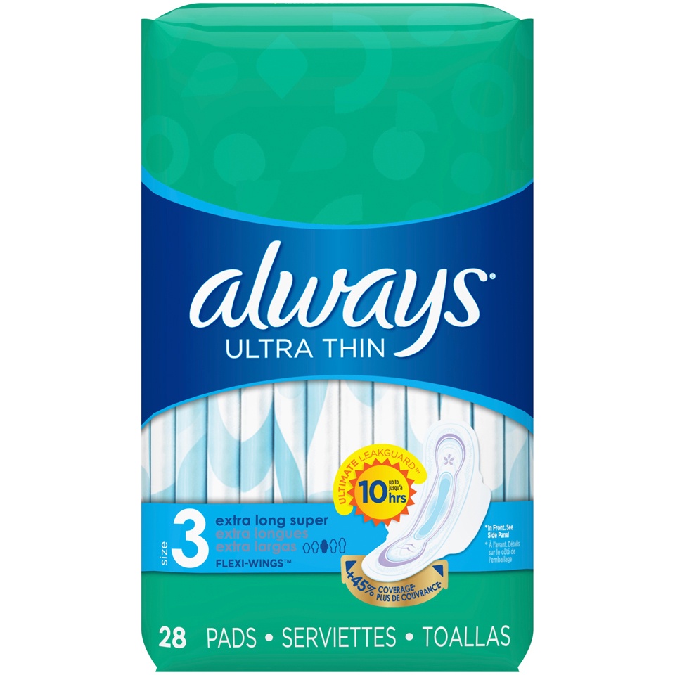 Always Ultra Thin Size 3 Extra Long Super Pads With Wings Unscented 28 ...