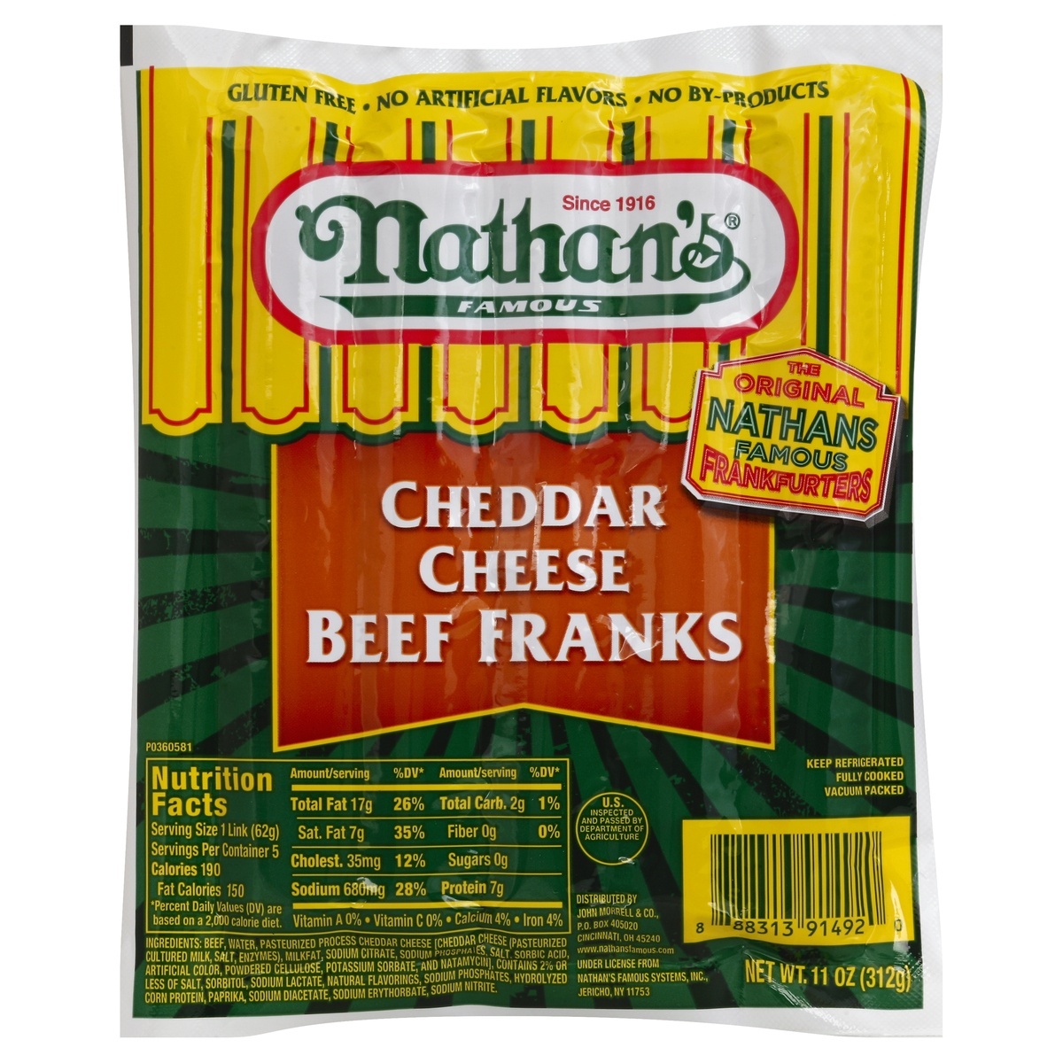 Nathan's Famous Cheddar Cheese Beef Franks 12 oz | Shipt