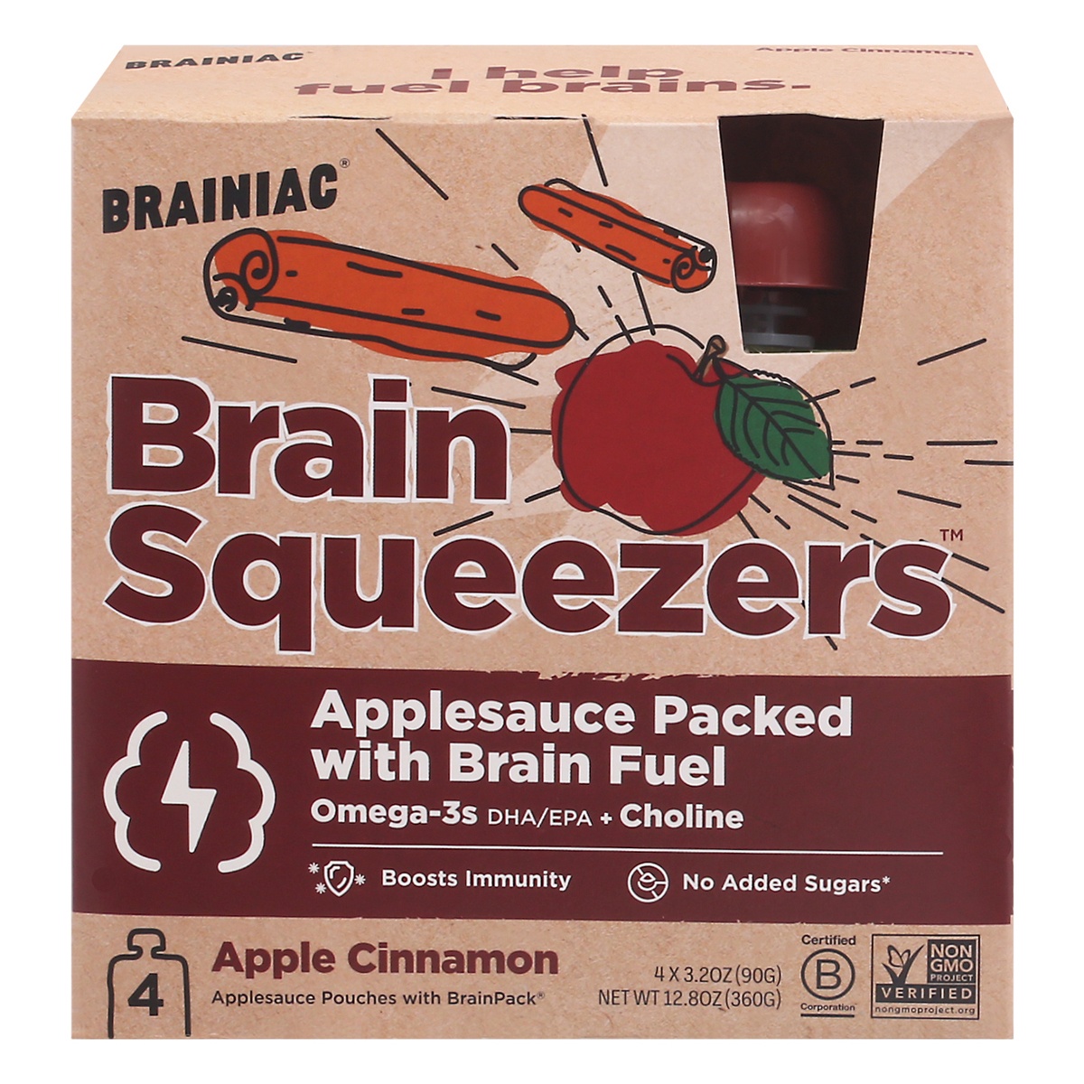 Brainiac Brain Squeezers Apple Cinnamon Applesauce 4 - 3.2 oz Pouches 4 ...