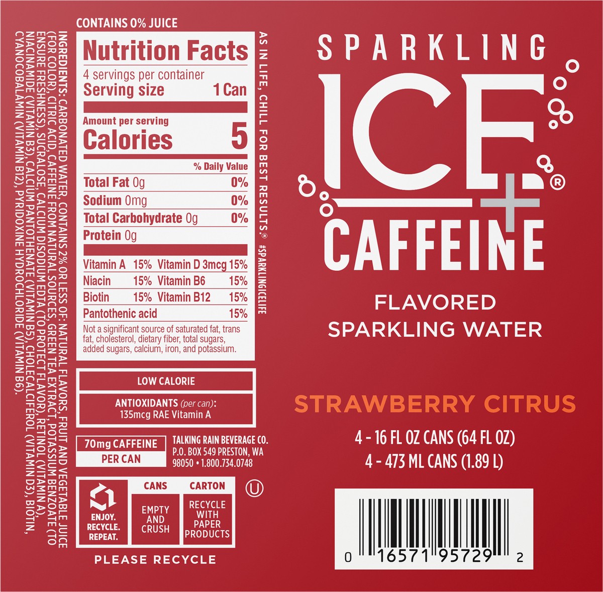 Sparkling ICE + Caffeine 4 Pack Zero Sugar Strawberry Citrus Flavored Sparkling Water 4-16 fl oz ...