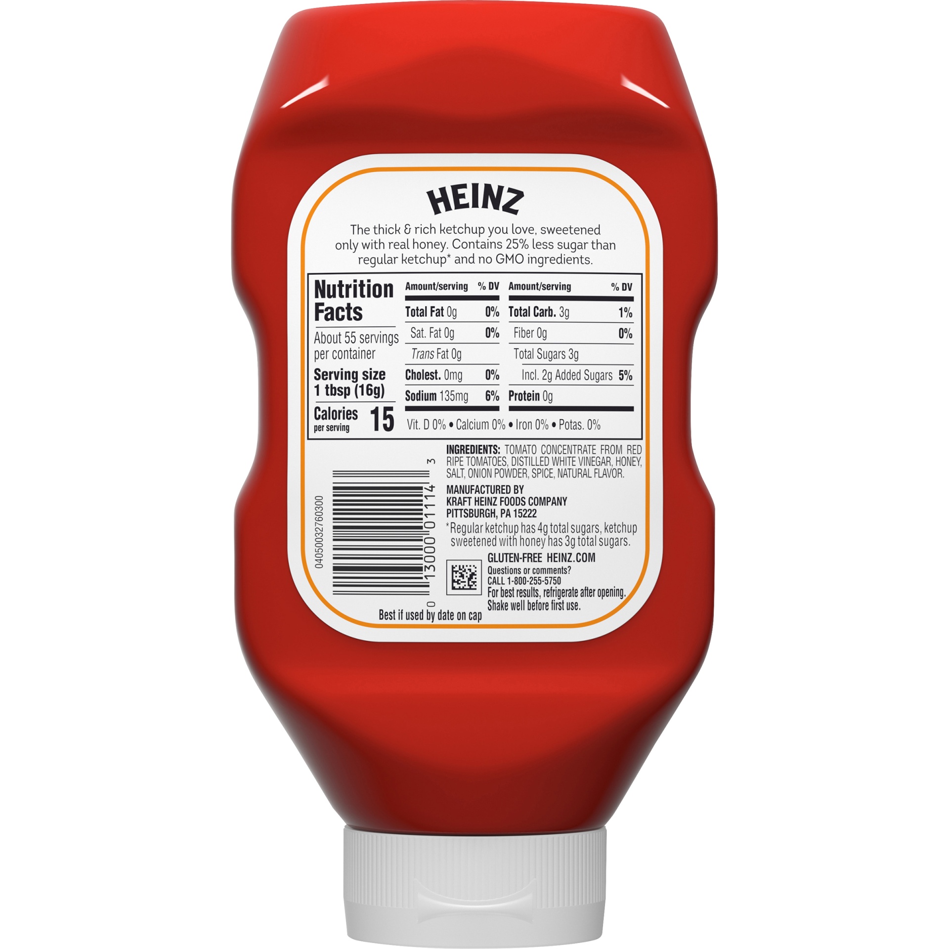 Heinz Sweetened with Honey Reduced Sugar Tomato Ketchup 31 oz Bottle ...