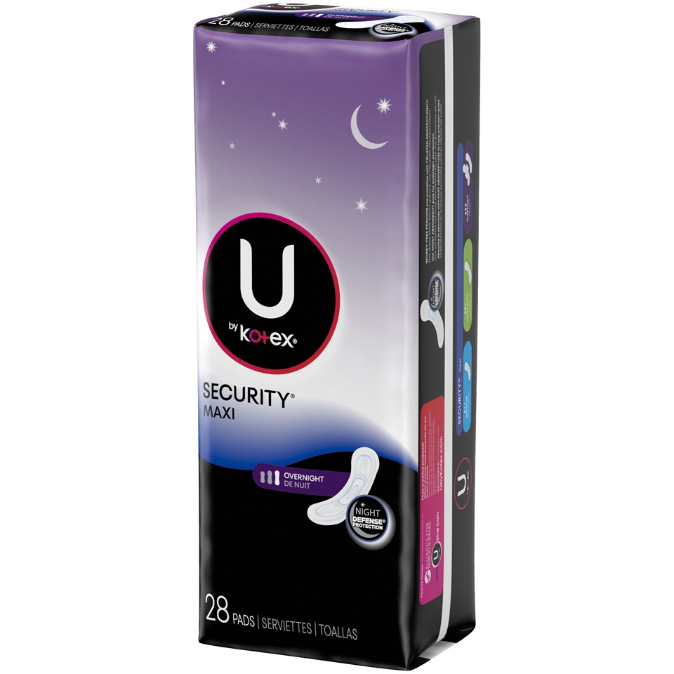 U by Kotex Security Maxi Overnight Pads Regular Absorbency Unscented 28 ...