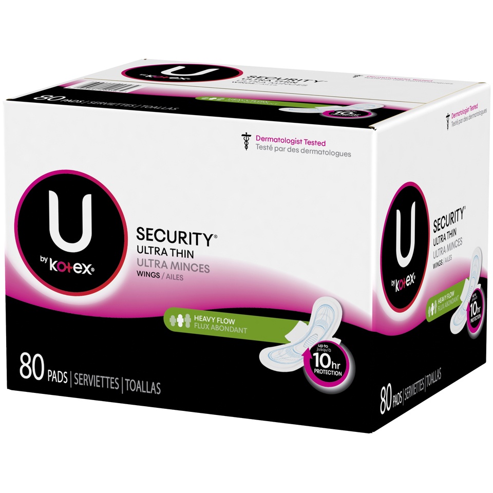 U by Kotex Security Ultra Thin Pads with Wings, Long, Fragrance-Free 80 ...